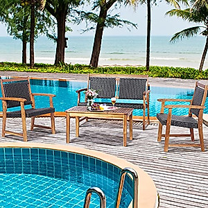 Tangkula 4 Pieces Patio Rattan Conversation Set with Acacia Wood Frame, Patiojoy Outdoor Furniture Set with Chairs & Coffee Table, Sectional Furniture Set for Garden, Backyard, Poolside