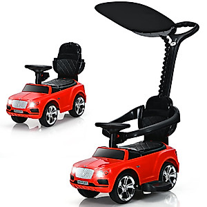 Costzon Push Cars for Toddlers, 3 in 1 Bentley Stroller Sliding Walking Car w/Canopy, Handle, Safety Bar, Cup Holder, Music, Underneath Storage, Foot-to-Floor Ride On Toy for Boys & Girls, Red