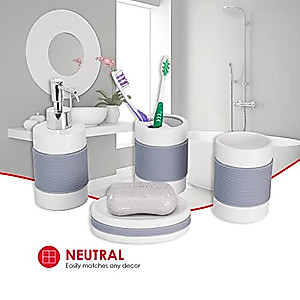Home Basics 4 Piece Bath Accessory Set with Rubber Grip, Featuring Soap Dish, Toothbrush Holder, Tumbler, Soap Dispenser, White