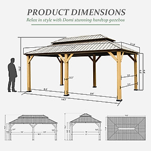 Domi 12' X 20' Wood Gazebo, Cedar Frame Hardtop Gazebo with Galvanized Steel Double Roof, Netting & Curtains, Patio Pergola Pavilion for Patio, Backyard, Deck, Lawns