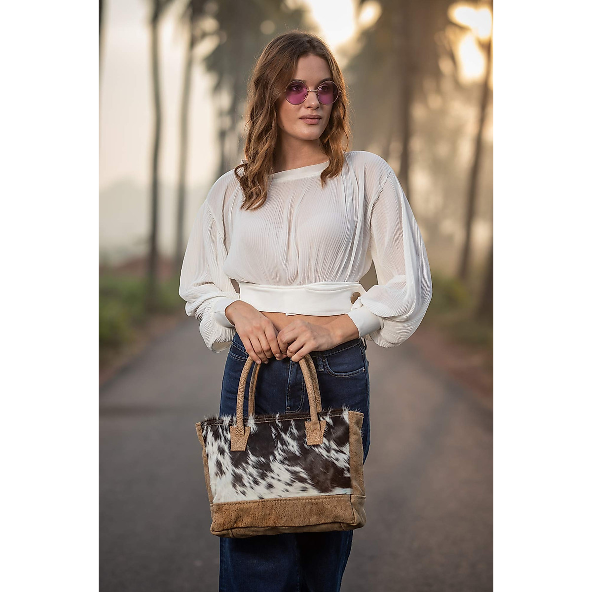 Myra Bag Black & White Cowhide & Leather Handbag S-1314, 13.5" W x 10" H x 4" D