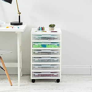 IRIS USA Fits 12" x 12" Paper, 6-Tier Scrapbook Rolling Storage Cart with Organizer Top for Papers Vinyl Tools Office Art and Craft Supplies, Yarn, White Frame with 6 Clear Cases w/ Built in Handle