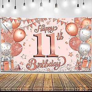 KatchOn, Happy 11th Birthday Backdrop - 72 x 44 Inch | Rose Gold Happy 11th Birthday Banner | 11th Birthday Decorations for Girls, 11th Birthday Party Decorations | 11th Birthday Backdrop for Girls