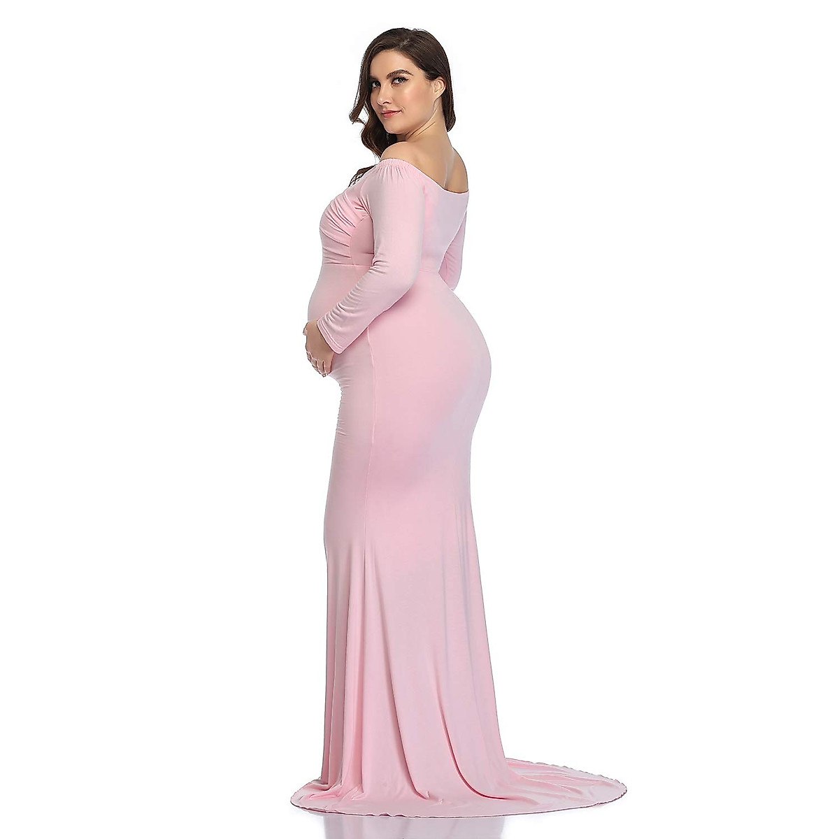 Mommy Jennie Maternity Dress for Photoshoot Stretchy Pregnancy Fitted Gowns for Baby Shower and Ruffle Maxi Photography Dress,A-pink,L