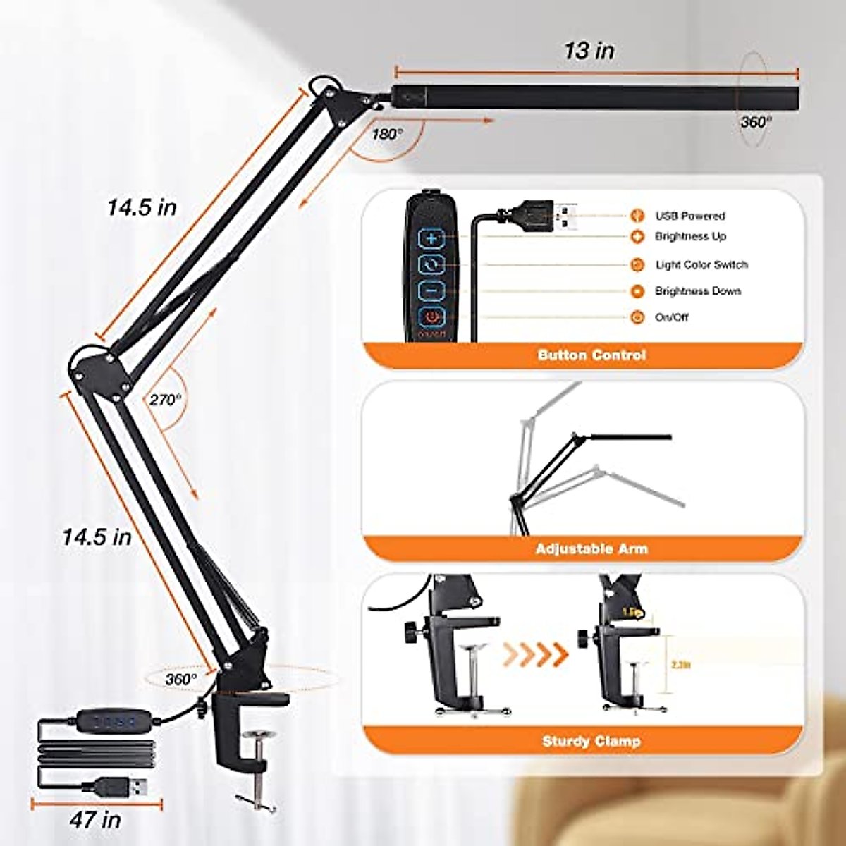LED Desk lamp, 360 degree adjustable rotary desk lamp, metal bracket rocker arm, no flicker, anti blue light, multiple lighting modes and brightness, is a good helper for home office and reading.