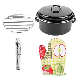 Roaster Pan with Lid, 8.7in Small Roasting Pan Black Enamel Oval Roaster Pan Turkey Roasting Pan for Barbucue Steak Sweet Potato Meat