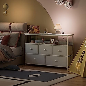 Furologee White TV Stand for Bedroom with Outlet for 55" TV, Long 45" Console Sofa Table with 5 Drawers, Entryway Table with Storage Shelves, Tall Entertainment Center for Living Room, Hallway