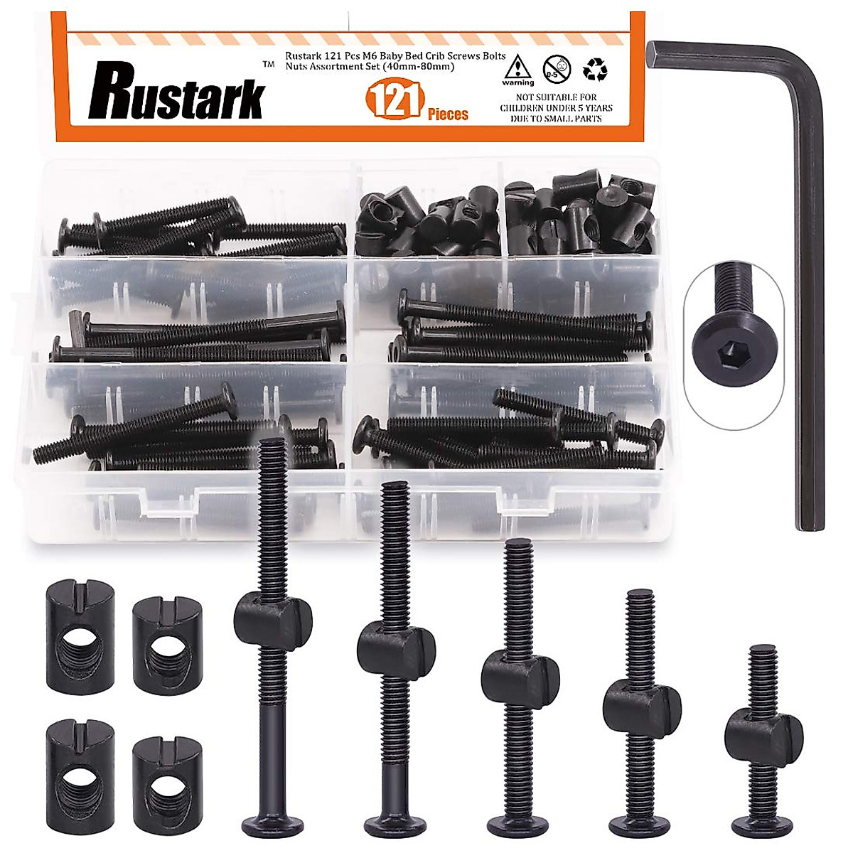 Rustark 121 Pcs Baby Bed Crib Screws Bolts Nuts Assortment Set M6 Hex Socket Head Cap Screws, Barrel Bolt Nuts Hardware Replacement Kit for Furniture Cots Beds Crib and Chairs (40mm-80mm)
