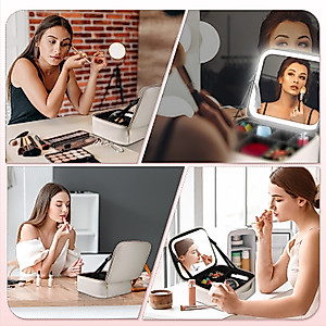 AZ GOGO Travel Makeup Bag with Light up Mirror, Makeup Train Case with Lighted Mirror 3 Color Brightness, Waterproof Portable Cosmetic Bag Organizer (Creamy White)