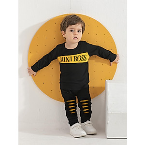 Limuvany Toddler Infant Baby Boy Clothes Long Sleeve Letter Print Sweatshirt Tops + Pants 2 PCS Sweatsuit Outfit (6-9 Months) Black