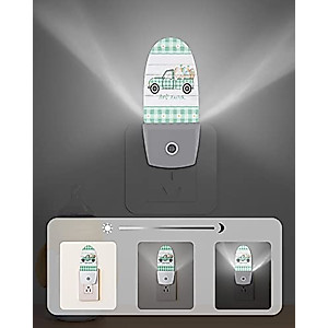 Plug-in LED Night Light with Auto Light Sensor - Popsicle Shape Nightlight Baby Night Lights for Hallway Bedroom Kids Room - Happy Easter Green Plaid Truck with Bunny and Easter Eggs Retro Wood Board
