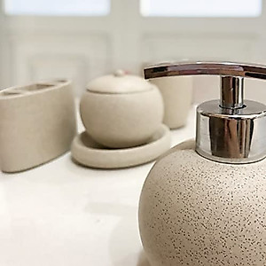 Artchirly 5 Piece Bath Accessory Set for Vanity Countertops,White Sandstone Color,Made of Cement Luxury Ensemble Dish,Lotion Dispenser,Soap Dish,Tooth Mug,Toothbrush Holder and Storage Can (5)