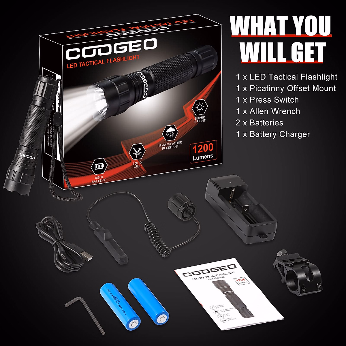 COOGEO Tactical Flashlights 1200 Lumens LED Weapon Light with Picatinny Mount, Super Bright Light Included Rechargeable Batteries Switch for Self Defense, Hunting, Camping, Hiking