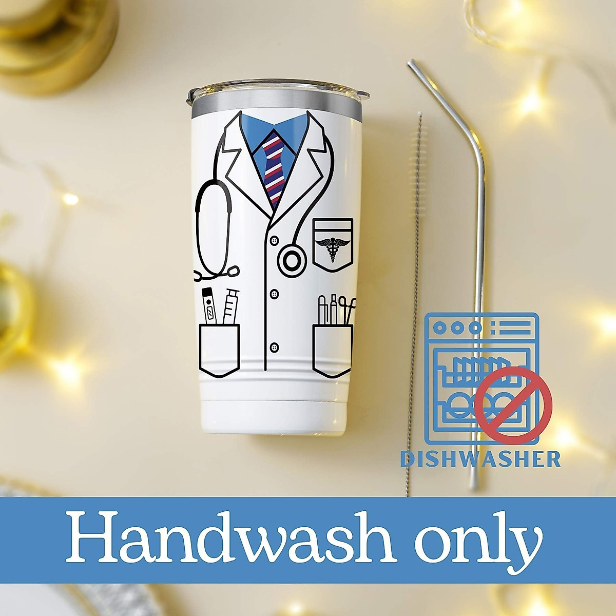 Onebttl White Coat Ceremony Gifts for Doctors - 20 oz/590 ml Stainless Steel Insulated Tumbler with Straw, Lid - Medical School Graduation Gifts for New Doctor, Med Students - (White)