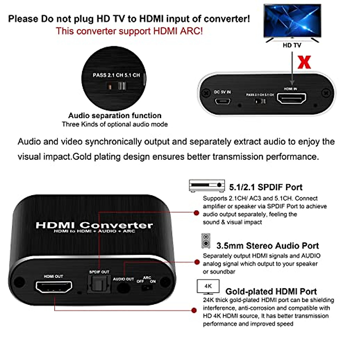avedio links 4K@60Hz HDMI Audio Extractor, HDMI to HDMI + Optical Toslink SPDIF + 3.5mm AUX Stereo Audio Out, HDMI Audio Converter Adapter Splitter Support HDCP1.4 Full HD 1080P 3D