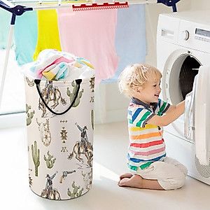 LNDDYTP Watercolor Cartoon Western Cowboy Laundry Hamper Dirty Clothes,Rustic American Western Desert Cactus Horse Cow Skull Large Laundry Basket Storage Basket For Bathroom 15.7W"" X27.2H""