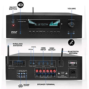 Pyle 1000W Bluetooth Home Theater Karaoke Receiver - 5.2-Ch Stereo Amplifier 2 UHF Wireless Microphone Video Pass-Through Supports, MP3/USB/HDMI/AM/FM Radio - Pyle PT888BTWM , Black