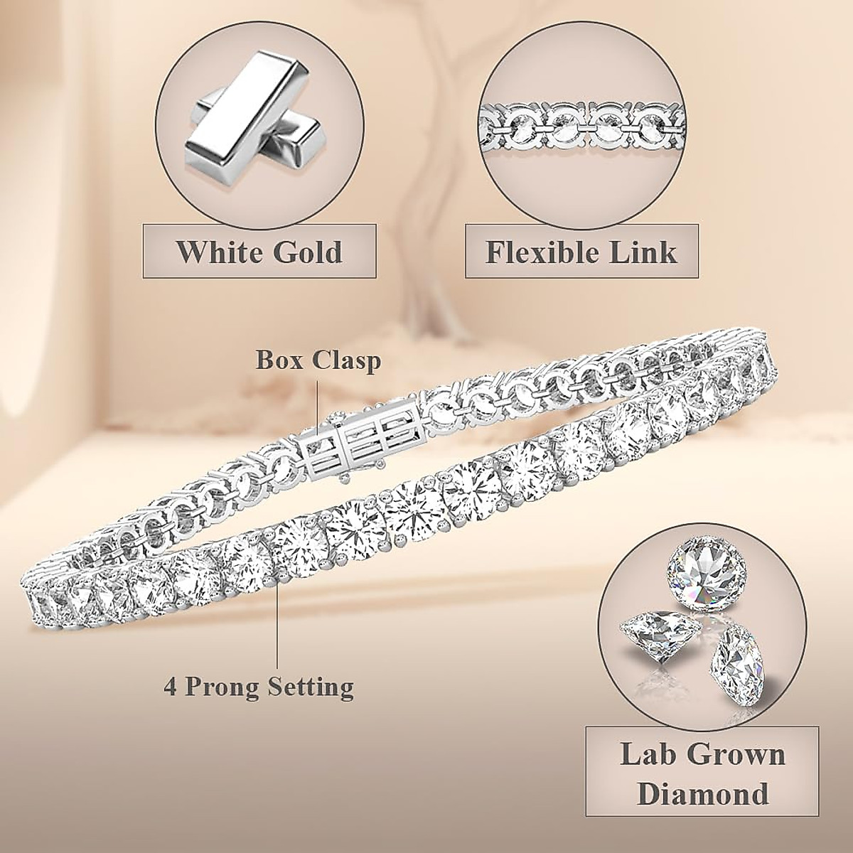 Diamond2Deal 14k White Gold Round Cut Lab Grown Diamond Tennis Bracelet Gift for Women (1 ct, Color-D, Clarity- VS)