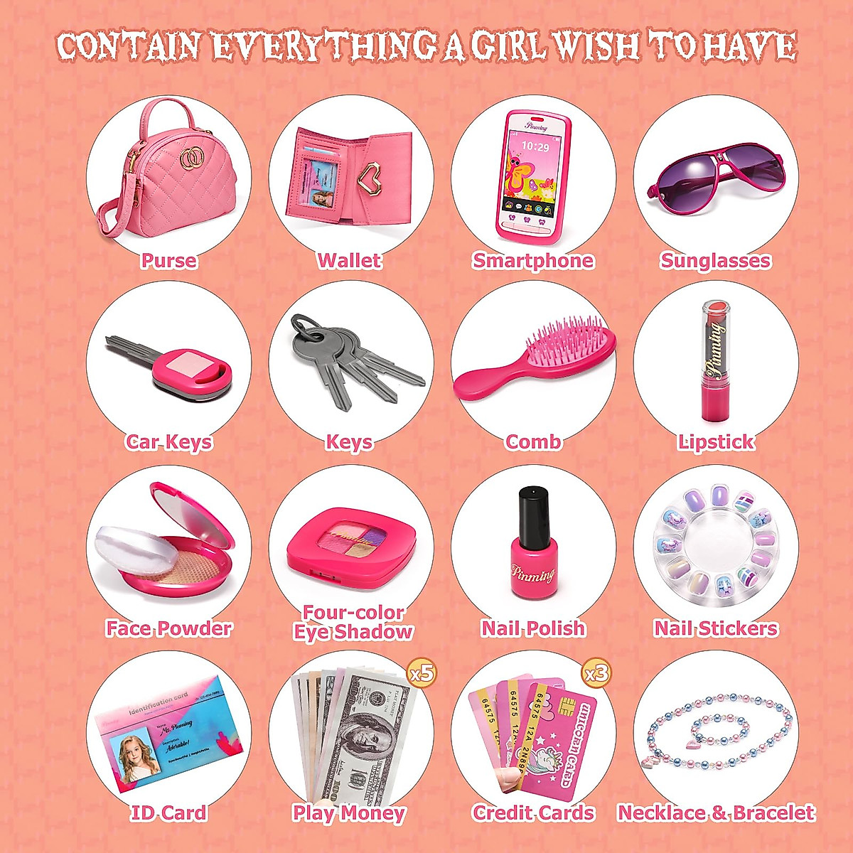 Little Girls Purse, Toddler Girl Toys for 3 4 5 6 Year Old, Kids Purses with Accessories, Pretend Play Handbag and Princess Kit, Pink Toy Valentines Gifts for Girls