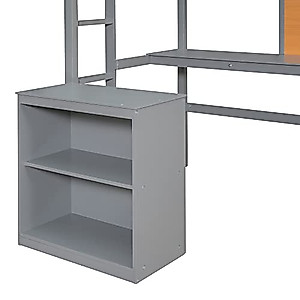 BOVZA Twin Size Loft Bed with Desk and Writing Board, Wood Loft Bed Frame with 2 Drawers Cabinet and 2 Side Ladders, Gray