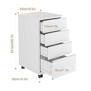 TTVIEW File Cabinet, Mobile Filing Cabinet with Wheels, 4-Drawer Rolling Pedestal Under Desk for A4, Letter Size, File Folders White 12.9x15.3X 25 in