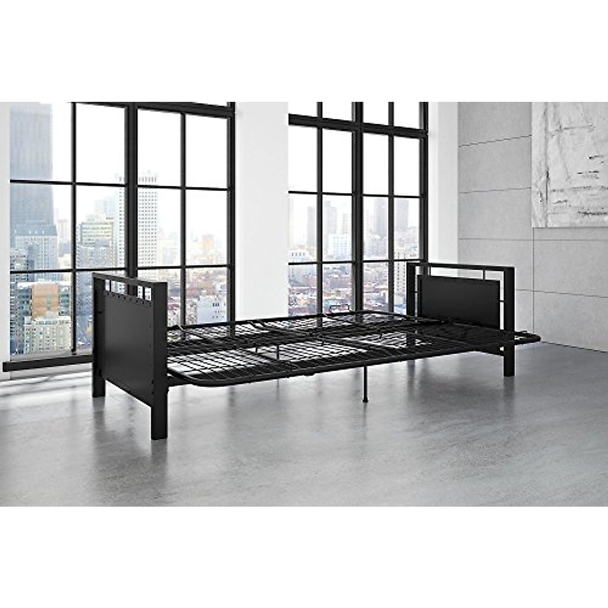 DHP Henley Metal Arm Futon Frame, Industrial Loft Design, Converts to Sleeper, Black Sturdy Metal