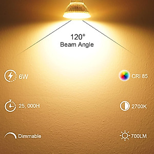 DiCUNO GU10 LED Bulb Dimmable, Warm White 2700K, 60W Equivalent, High Brightness 700LM, MR16 GU10 LED Bulb for Track Lighting, 6W Light Bulb with 120° Beam for Kitchen, Range Hood, Pack of 6