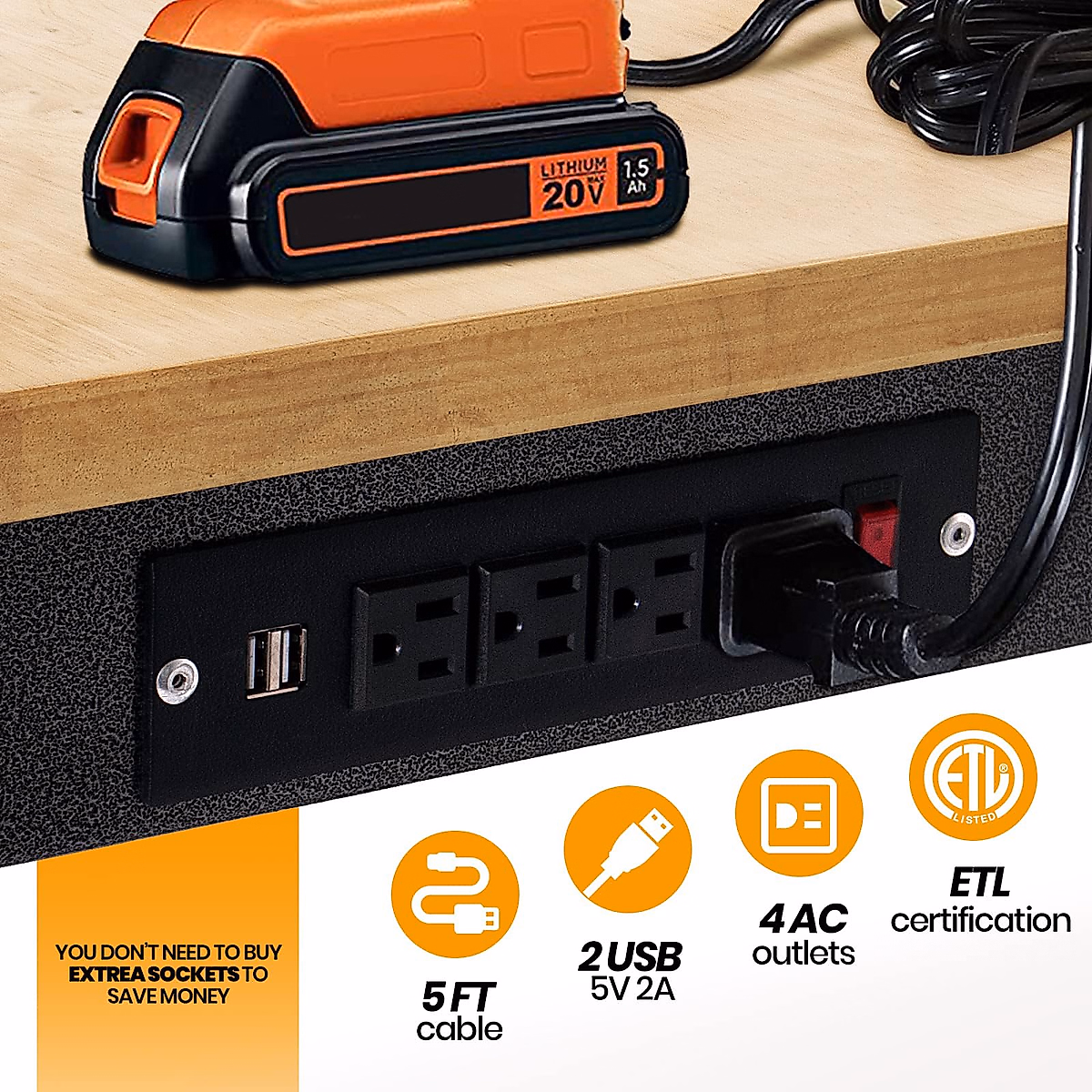 60" Adjustable Work Bench, Rubber Wood Top Workbench Heavy-Duty Work Table with Power Outlet with Wheels, 2000 LBS Load Capacity Hardwood Work Benches for Garage, Workshop, Home, Office, Easy Assembly