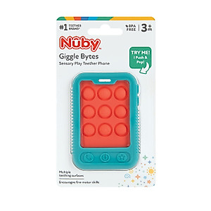 Nuby Baby Teething Toy, 3+ Months, Giggle Bytes Sensory Popper Cellphone, Aqua