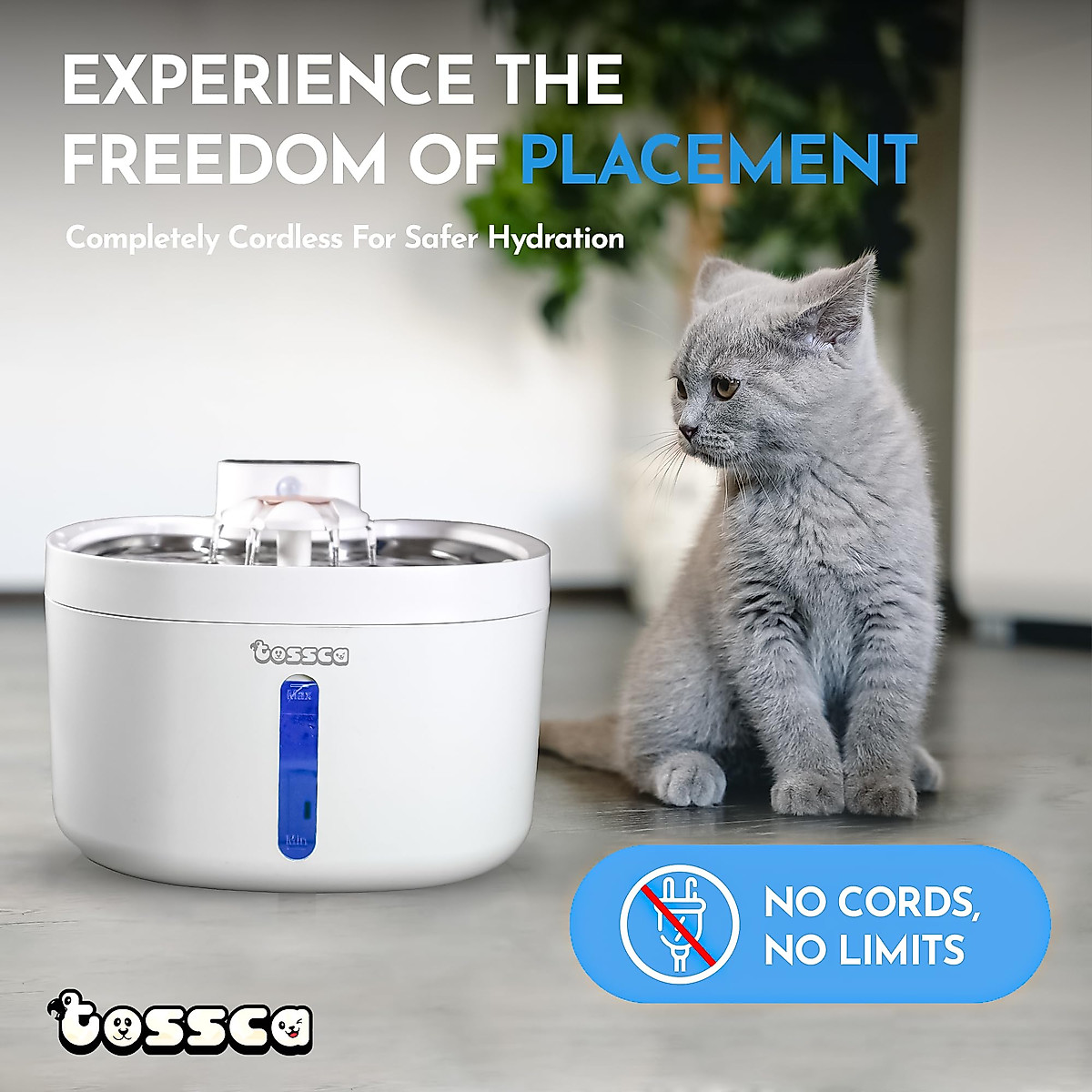 Tossca Wireless Cat Water Fountain | Rechargeable Battery Operated Automatic Dog Water Bowl Dispenser | Sensor Activated Hygienic Stainless Steel Cat Fountain | 5 Bonus Filters (2.6 L)
