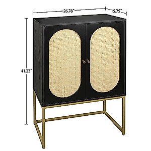 DHPM Natural Rattan 2 Door High, Sideboard Buffet Cupboard Accent Cabinet, Adjustable Shelves,Easy Assembly, Black
