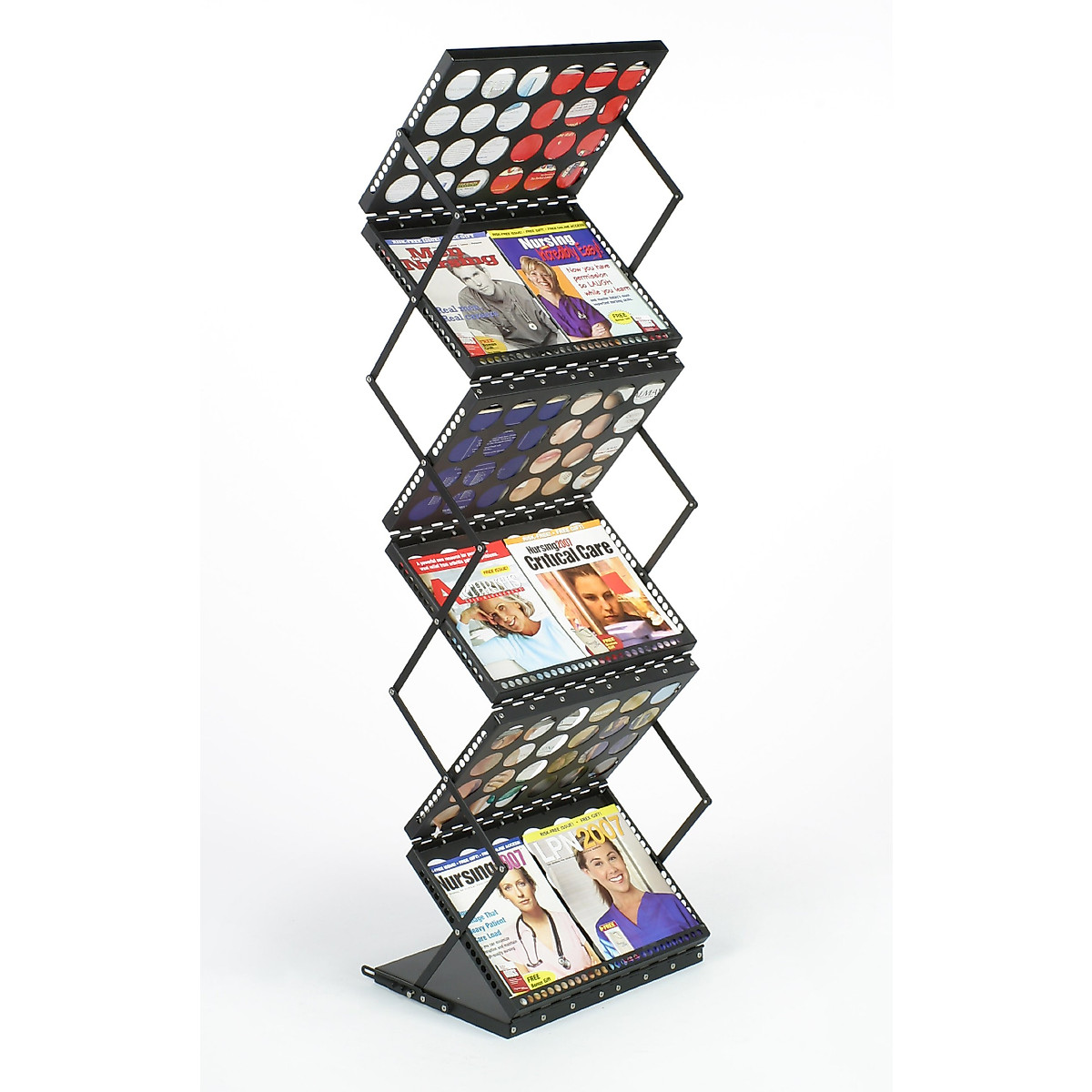 Displays2go LRJNYA3BLK 6-Pocket Portable Magazine Rack, Double-Sided Folding Literature Display, Black Metal