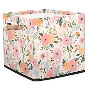 Piolysio Pink Flowers 13 Inch Storage Cube Bins Fabric Storage Bin with Leather Handles Foldable Storage Organizer Baskets for Closet, Shelves, Bedroom, Living Room