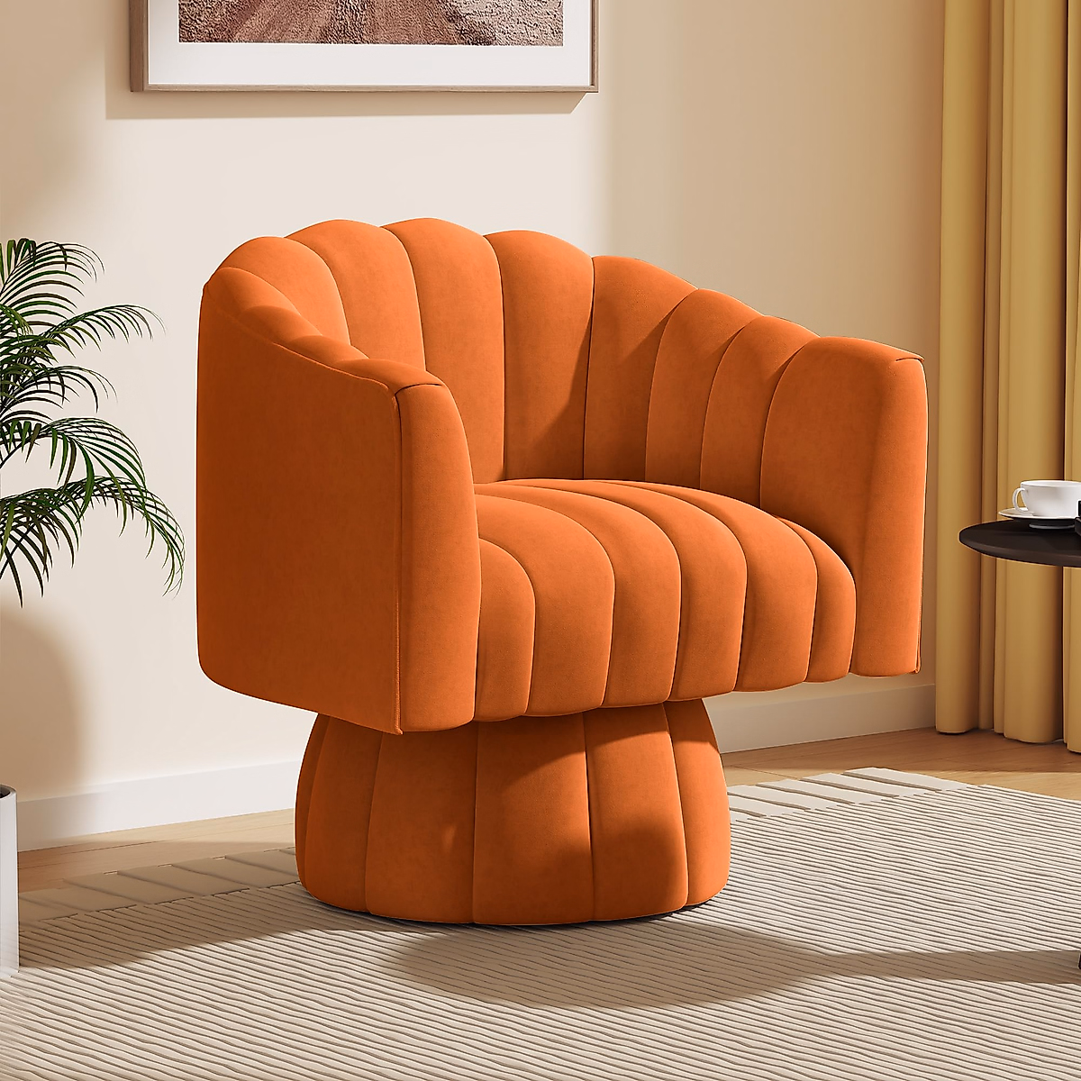 Accent Chair Mid Century 360 Degree Swivel Chair,Modern Lounge Sofa Round Barrel Chair with Wide Upholstered,Fluffy Velvet Fabric Chairs for Home Sofa Living Room/Bedroom/Waiting Room (Orange)