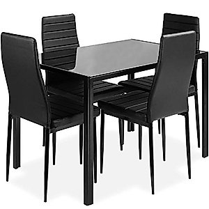 DKLGG 5-Piece Kitchen Table Set for Dining Room, 4 Faux Leather Metal Frame Chairs, Dinette, Compact Space w/Glass Tabletop, 47.25'' L x 27.56'' W x 29.5'' H, Black…