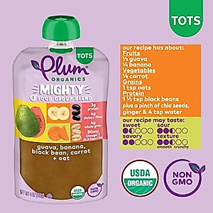 Plum Organics Mighty 4 Organic Toddler Food - Guava, Banana, Black Bean, Carrot, and Oat - 4 oz Pouch (Pack of 6) - Organic Fruit and Vegetable Toddler Food Pouch