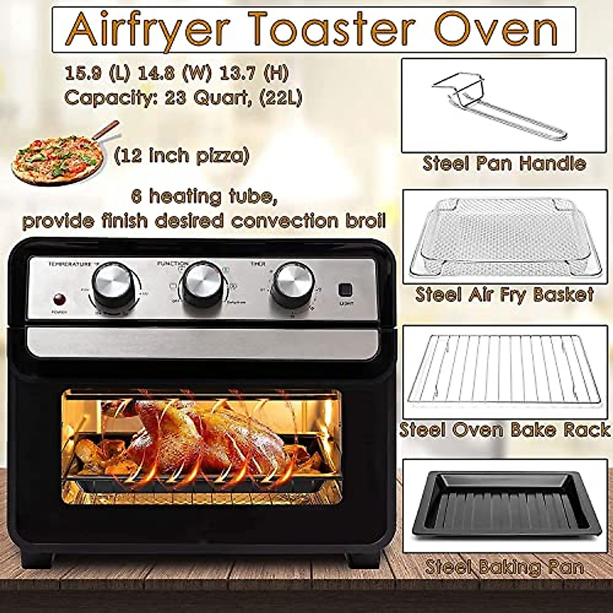 Toaster Oven 6-in-1 Convection - Air Fryer for Roast Bake Broil, 23 Quart Stainless Steel