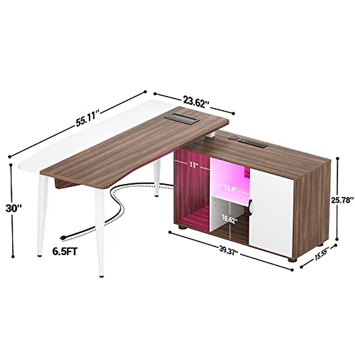 Unikito L Shaped Desk with File Cabinet and Power Outlet, 55 Inch Large Corner Computer Desks with LED Light Strip, L-Shaped Computer Desk with Door and Storage Shelves for Home Office, Walnut & White