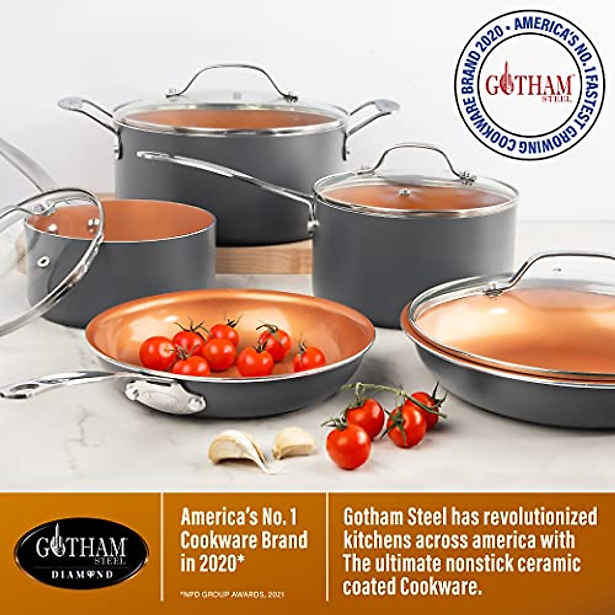 Gotham Steel 5 Piece Essentials Cookware, Pots and Pan Set with Triple Coated Nonstick Ceramic Copper Surface & Aluminum Composition for Even Heating 100% Non-Toxic, Oven, Stovetop & Dishwasher Safe