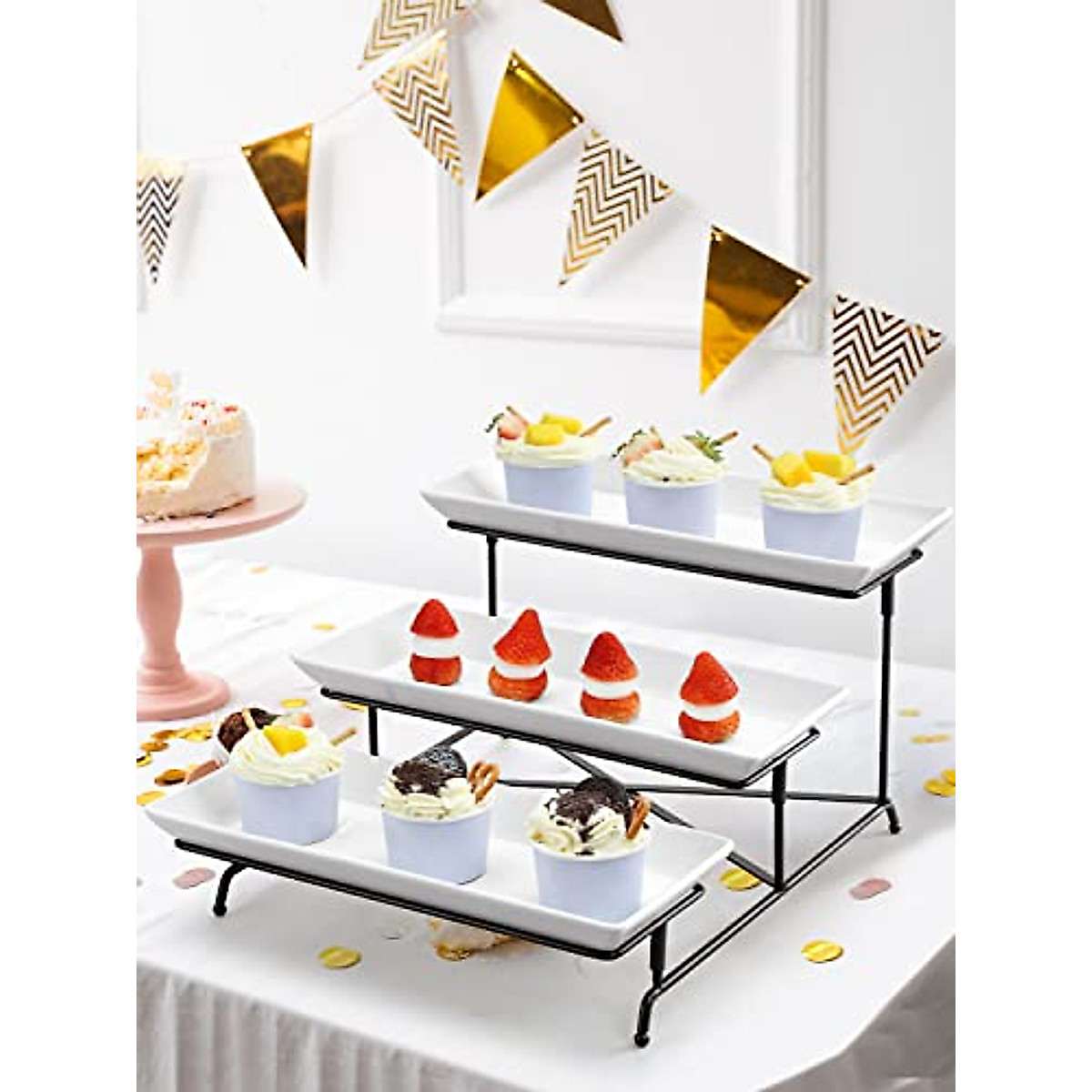 Yedio 3 Tier Serving Tray Set with Yedio 14” White Ceramic Serving Platters Set of 4