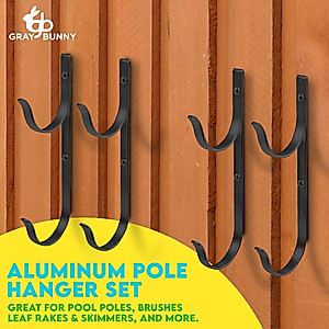 Gray Bunny Pool Pole Hanger, 4 Piece Black Premium Aluminum Swimming Pool Accessories Hook Set, for Telescopic Poles, Skimmers, Leaf Rakes, Nets, Brushes, Vacuum Hose, Garden Tools