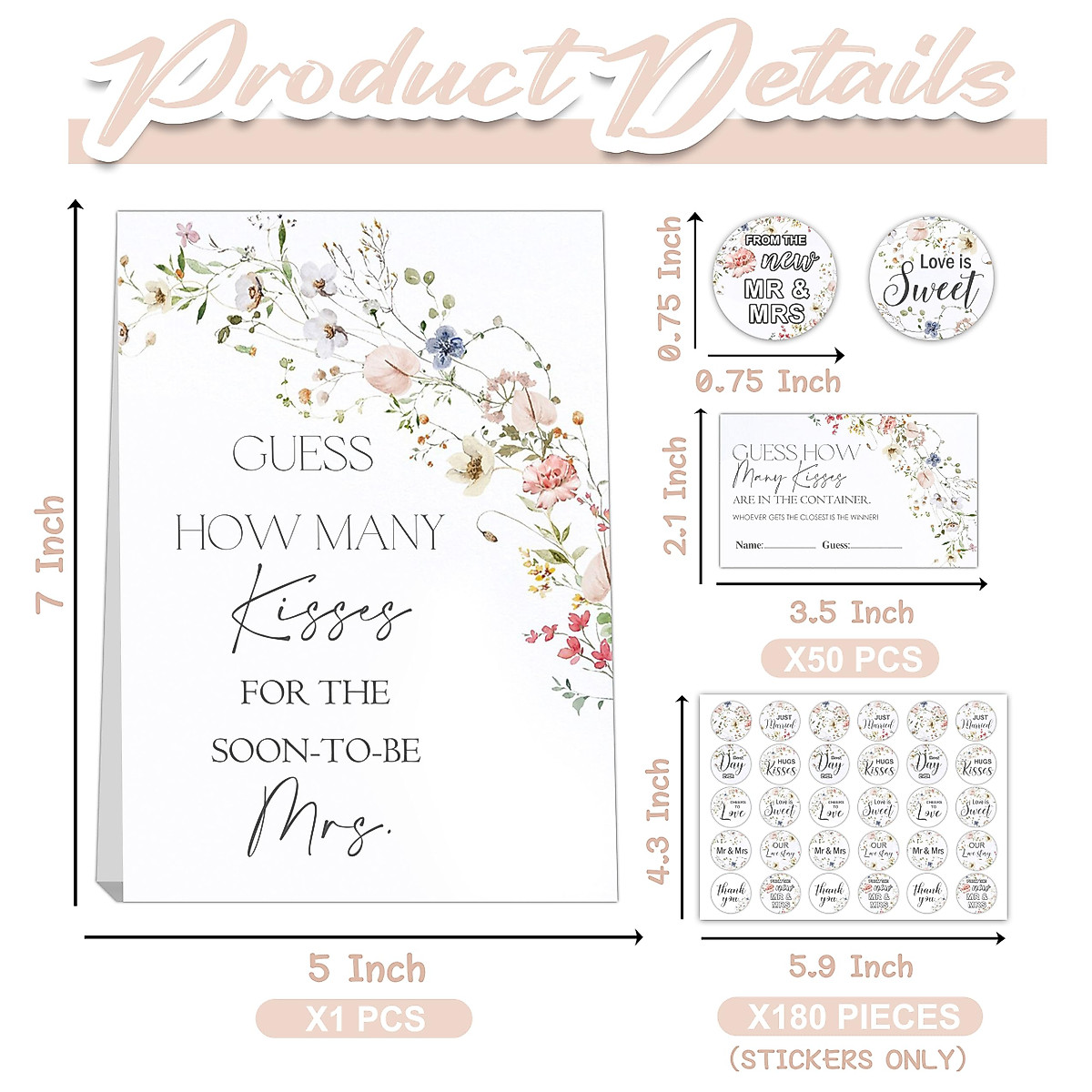 How Many Kisses Bridal Shower Games, How Many Kisses Standing Sign 50 Guessing Cards 180 Bridal Shower Kisses Stickers, How Many Kisses Flowers Bridal Shower Game Set for Bridal Shower and Weddings