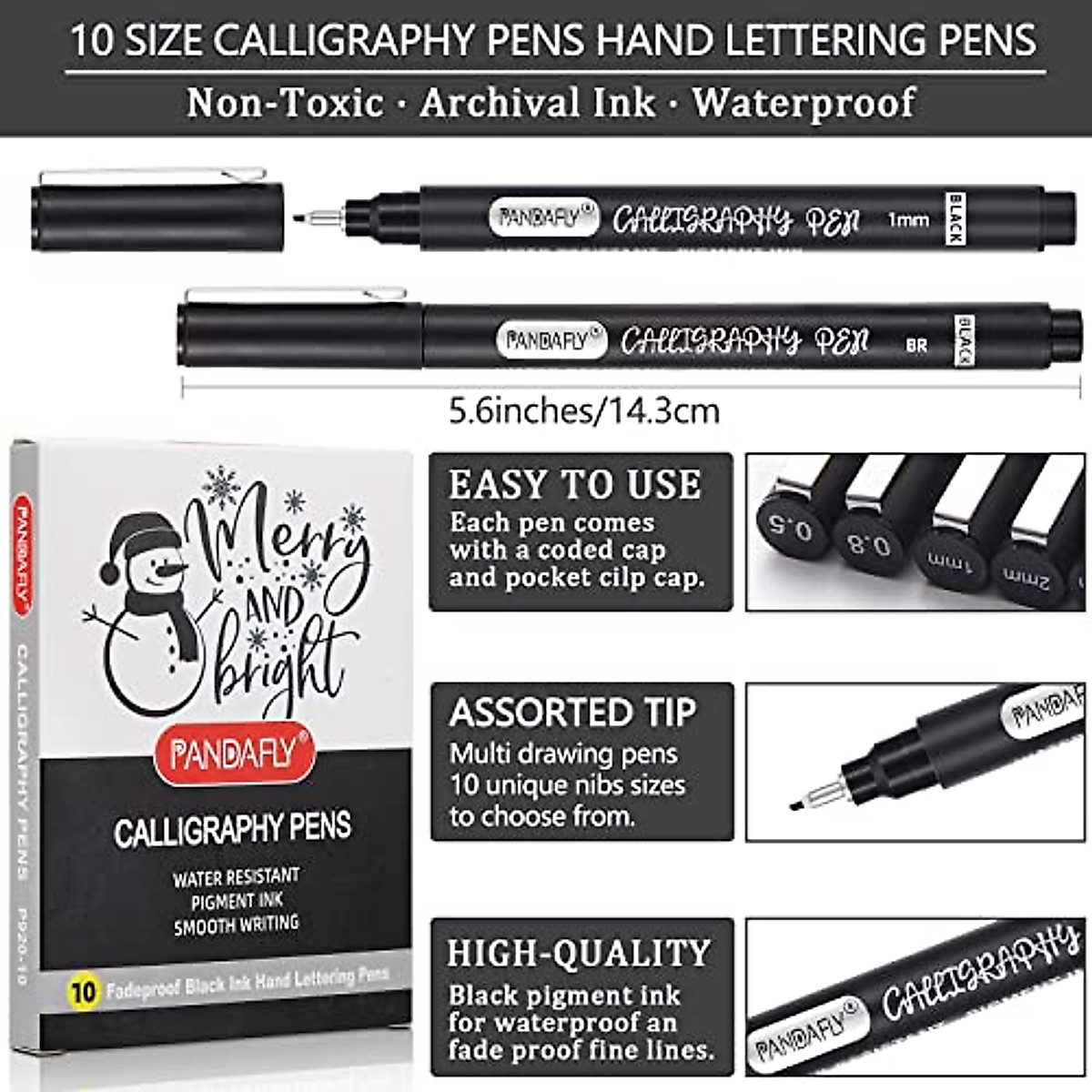 PANDAFLY Calligraphy Pens, 10 Size Calligraphy Pens for Writing, Brush Pens Calligraphy Set for Beginners, Hand Lettering Pens, Brush Markers Set, Black Ink Drawing Pens