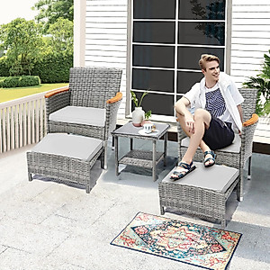 5 Piece Outdoor Patio Furniture Set with Table&Ottoman Outdoor Furniture Patio Set Bistro Wicker Patio Set of 2 Outside Lawn Chairs Conversation Sets for Porch Balcony Deck(Gray Wicker&Gray Cushion)