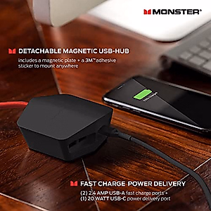 Monster Power Center Vertex XL Surge Protector with Detachable USB Power Strip , Surge Protector Power Strip with 10 AC Outlets, 2 USB-A Ports & 1 USB-C Port (20W)