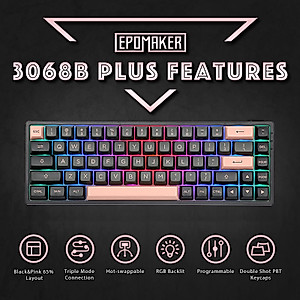 EPOMAKER 3068B Plus Black & Pink 65% Hot-Swap 2.4Ghz Wireless/Bluetooth/Wired Mechanical Gaming Keyboard with RGB Backlight, Double-Shot PBT Keycaps for Gamers/Mac/Win(CS Jelly Pink