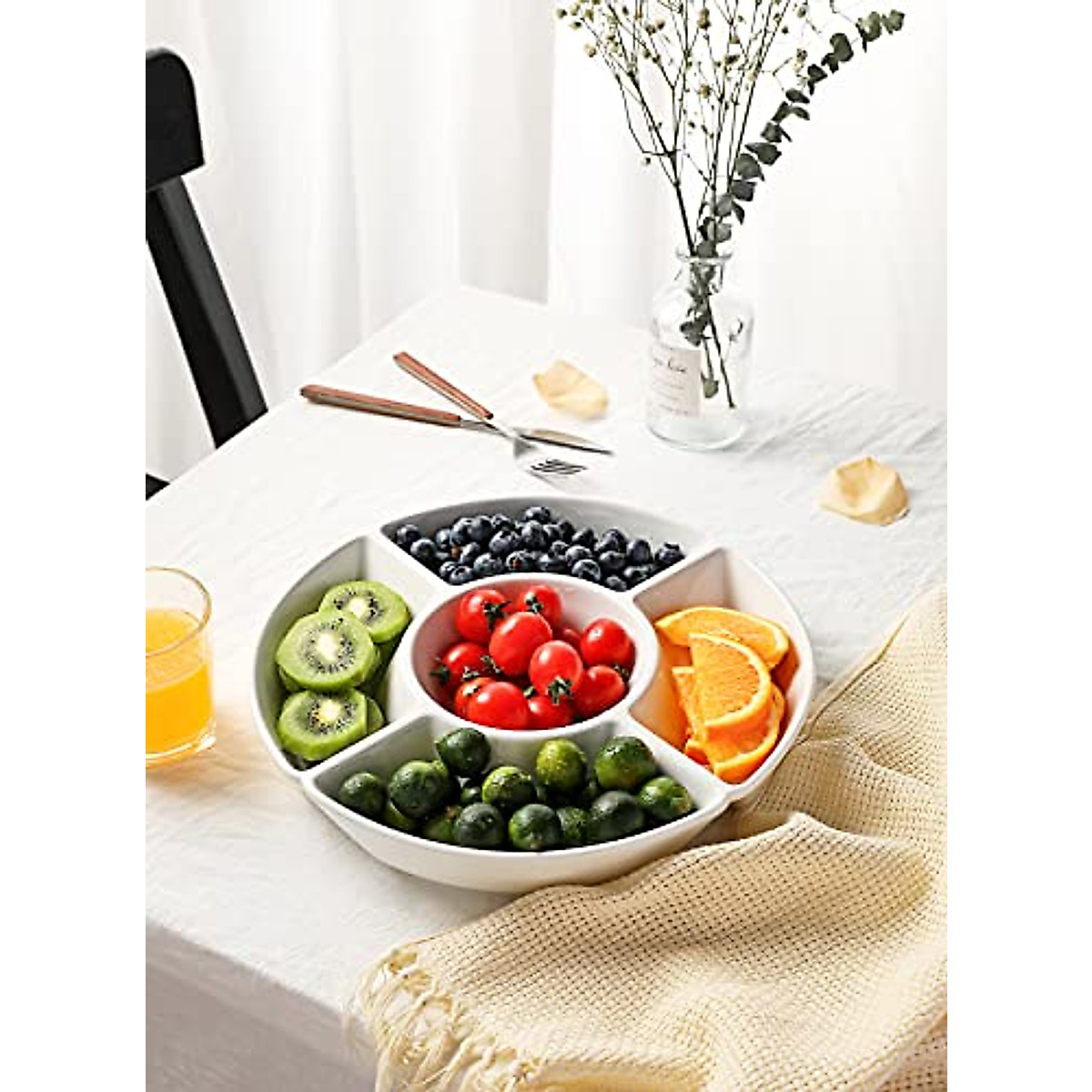 Sweese 712.101 Chip & Dip Serving Set, Porcelain Divided Serving Platter, Relish Tray, Perfect for Chips and Dip, Veggies, Candy and Snacks, White