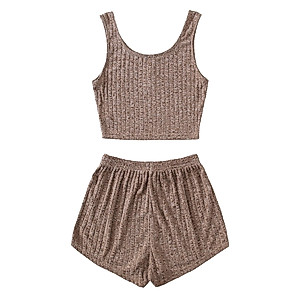 GORGLITTER Women's Sleeveless Button Front Ribbed Crop Tank Top and Elastic Waist Sleepwear Shorts Pajama Set Mocha Brown X-Large