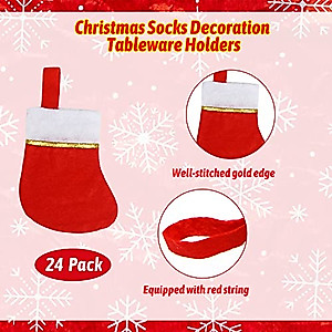 CCINEE 24PCS Christmas Socks Decoration Tableware Holders Red Felt Christmas Stockings with Golden Trim Spoon Knife Fork Bags Candy Pouch Bags Mini Stockings for Silverware Xmas Party Dinner Decor