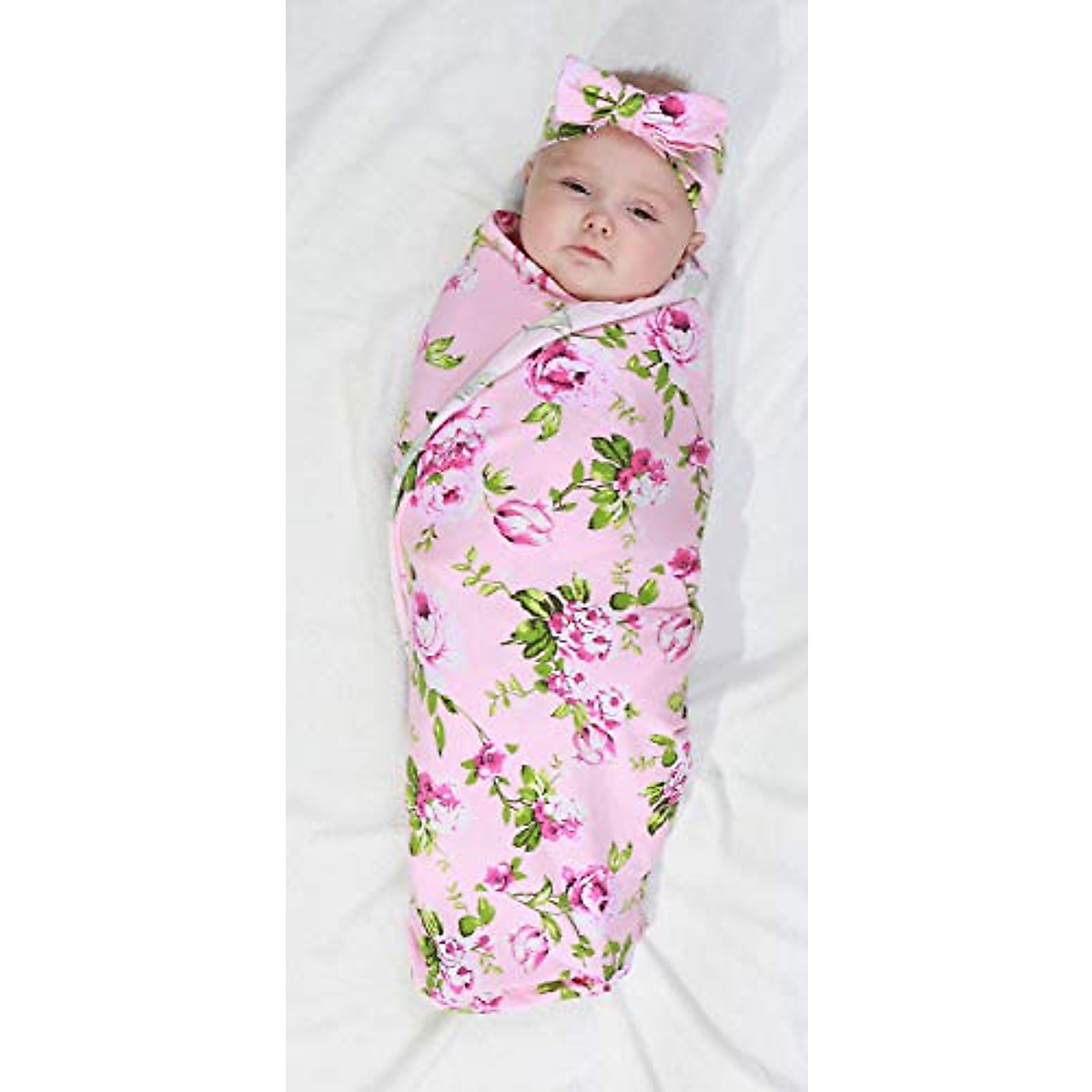 4 Pack Maternity Robe and Matching Baby Swaddle Blanket with Hat Headband Set, Stretchy Knitted Delivery Robe with Pockets and Swaddling Wrap for Mummy and Baby (Pink Flower)